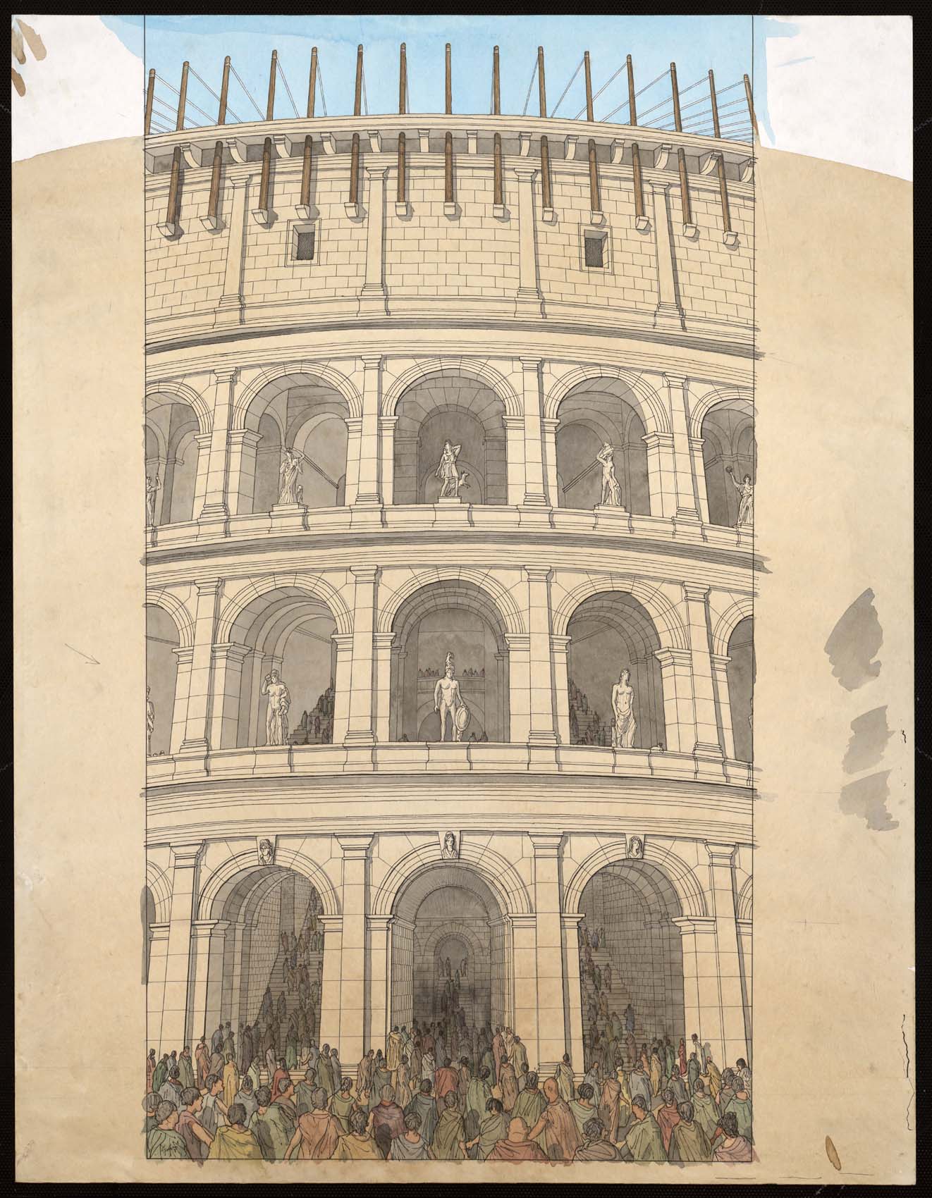 Capoue, l'amphithéâtre et les spectateurs montant vers leurs places ...